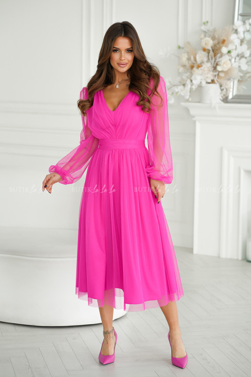 sukienka fuksja midi z połyskującą siateczką Vanessa - butiklalala.pl